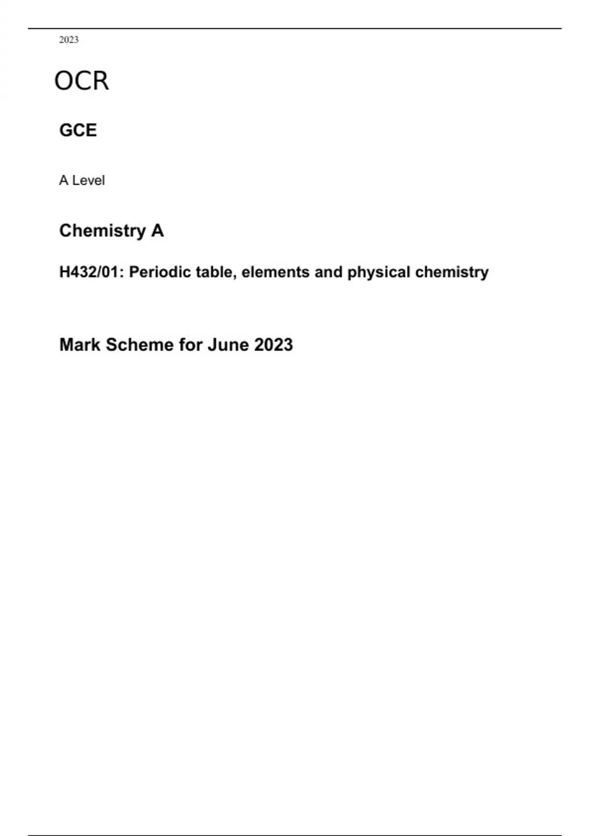 OCR A Level Chemistry A H432/01: PAPER 1 JUNE FINAL MARK SCHEME ...