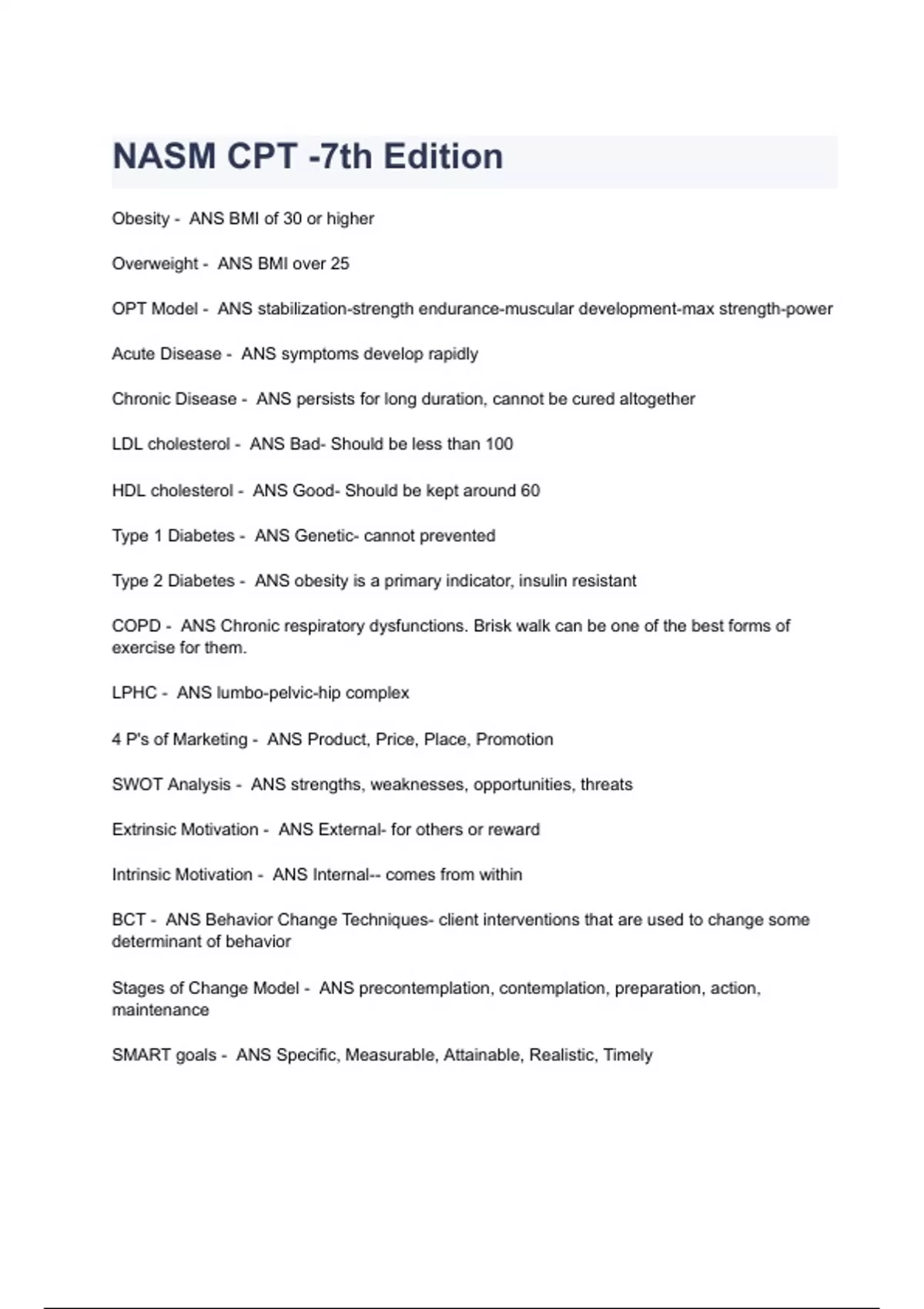 NASM CPT -7th Edition Exam Questions with correct Answers 2024( A+ GRADED 100% VERIFIED). - Nasm ...