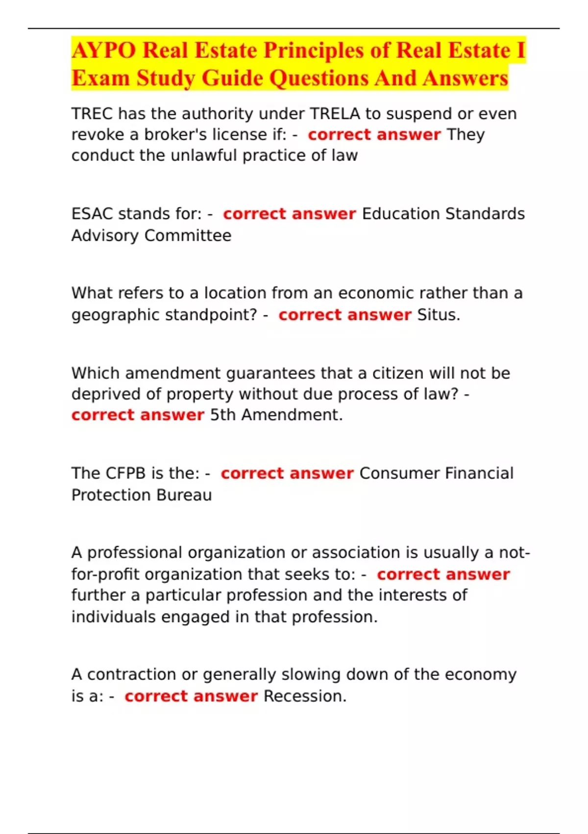 AYPO Real Estate Principles of Real Estate I Exam Study Guide Questions ...