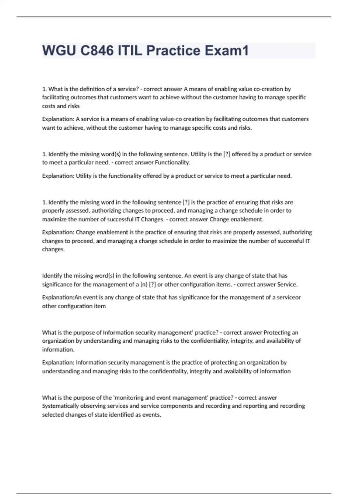 WGU C846 ITIL Practice Exam1 Questions with complete solution 2023/2024 ...