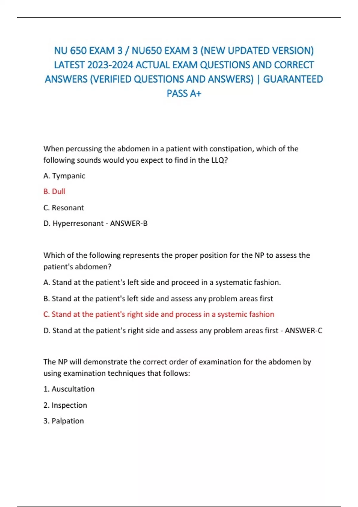 NU 650 EXAM 3 / NU650 EXAM 3 (NEW UPDATED VERSION) LATEST ACTUAL EXAM ...