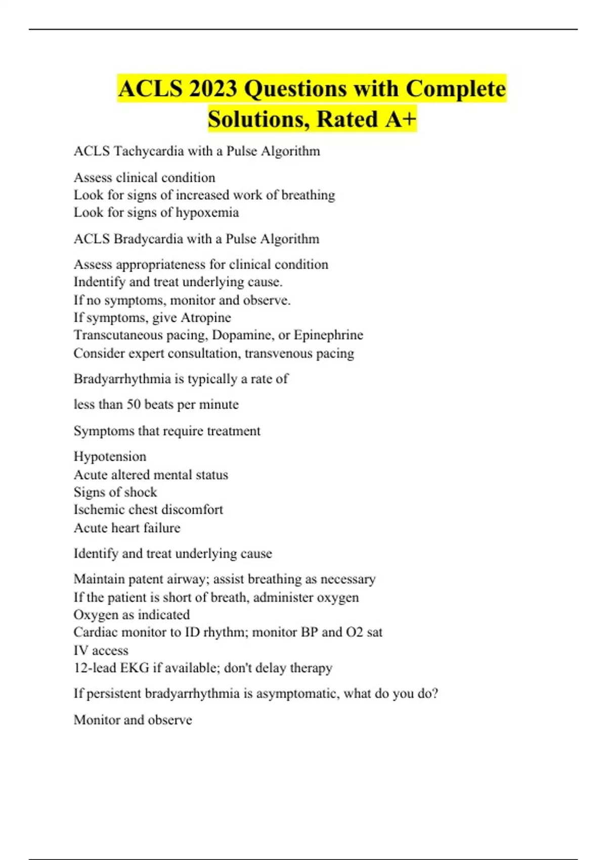 ACLS 2023 Questions with Complete Solutions, Rated A+ - ACLS - Stuvia UK