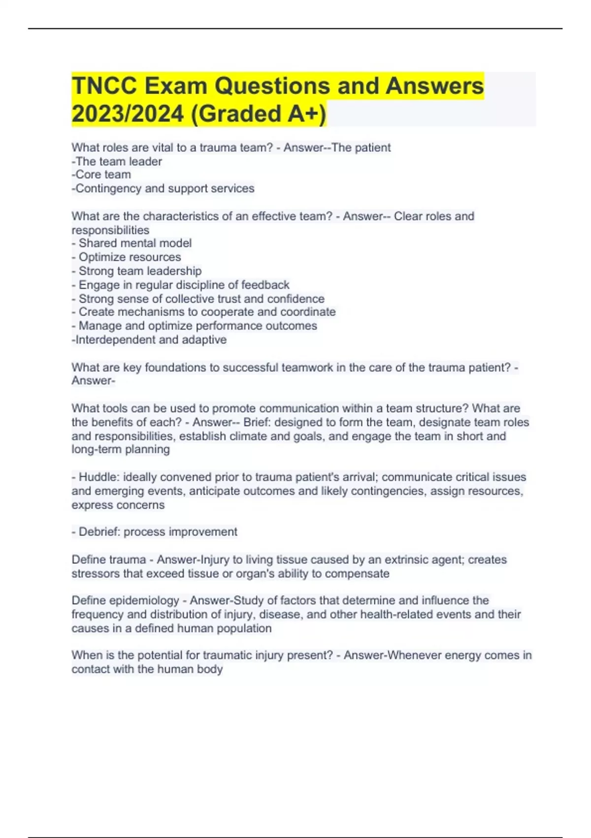 TNCC Exam Questions and Answers 2023/2024 (Graded A+) - TNCC - Stuvia US