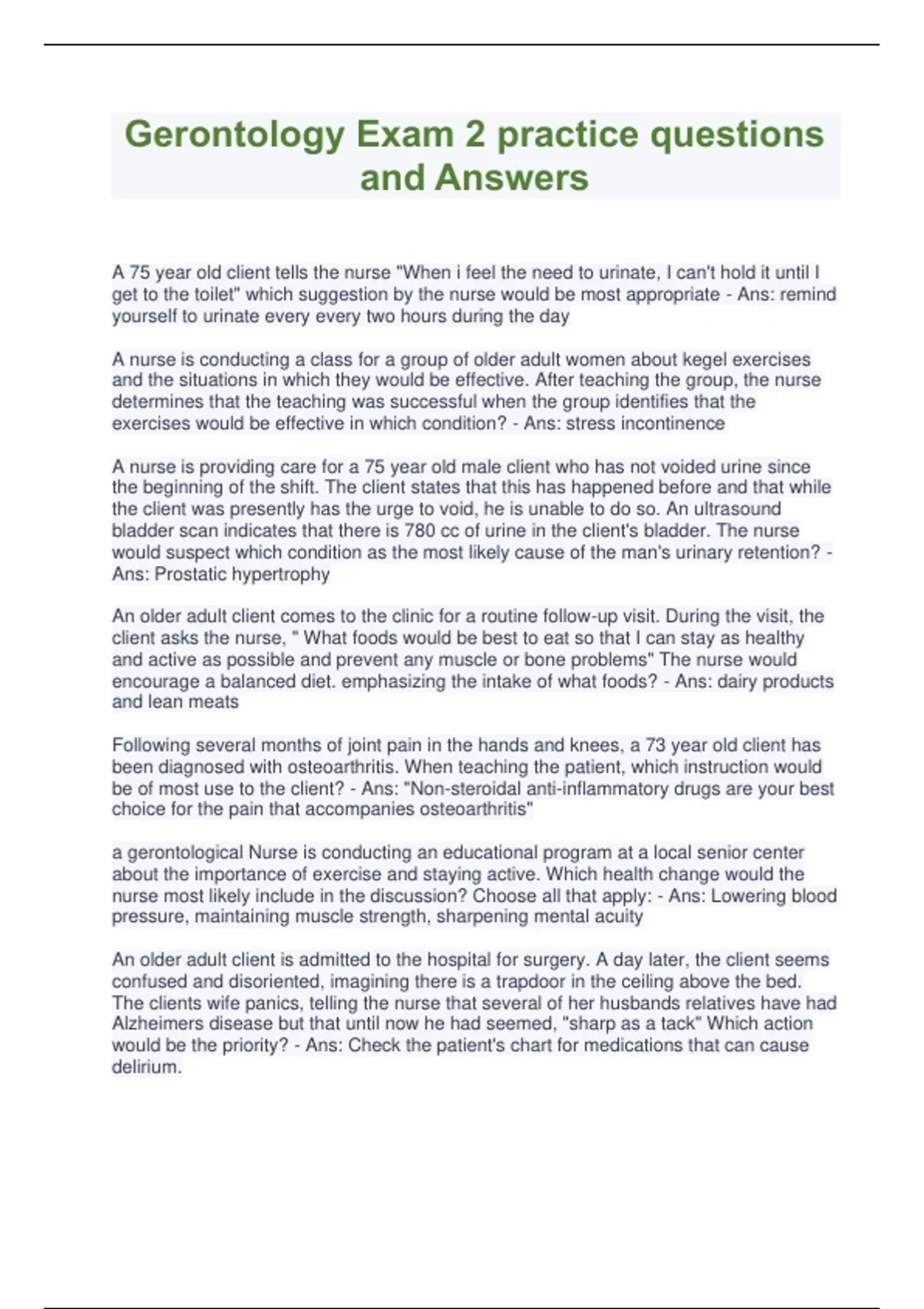 Gerontology Exam 2 practice questions and Answers - Gerontology - Stuvia US