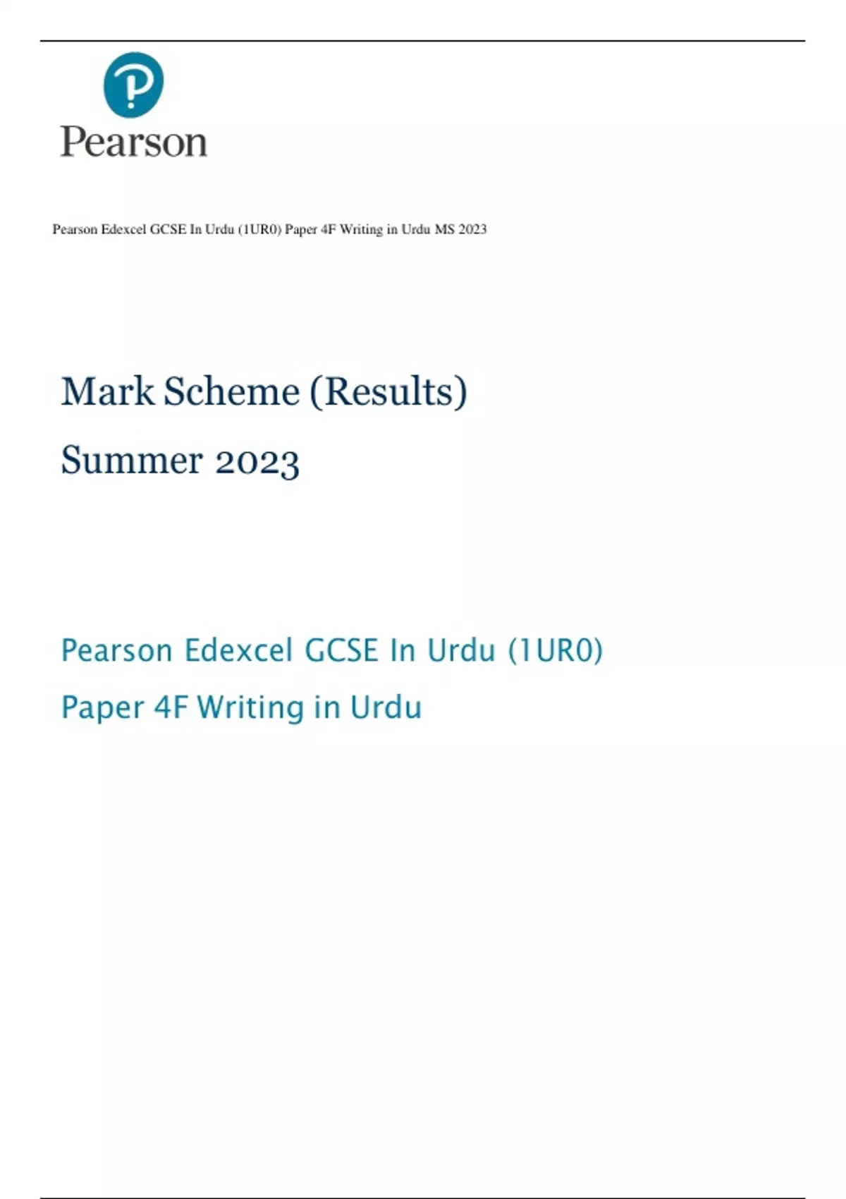 Pearson Edexcel GCSE In Urdu (1UR0) Paper 4F Writing in Urdu MS 2023 ...