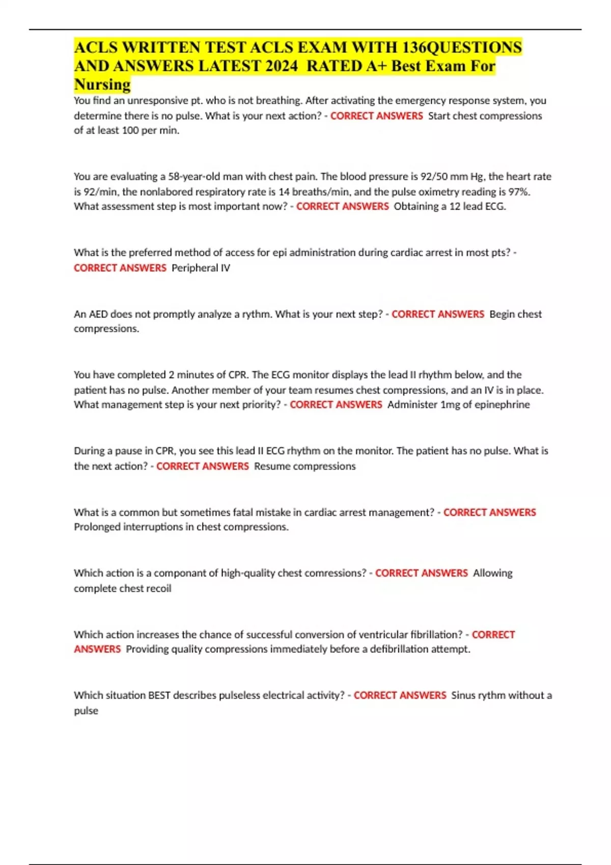 ACLS WRITTEN TEST ACLS EXAM WITH 136QUESTIONS AND ANSWERS LATEST 2024 ...