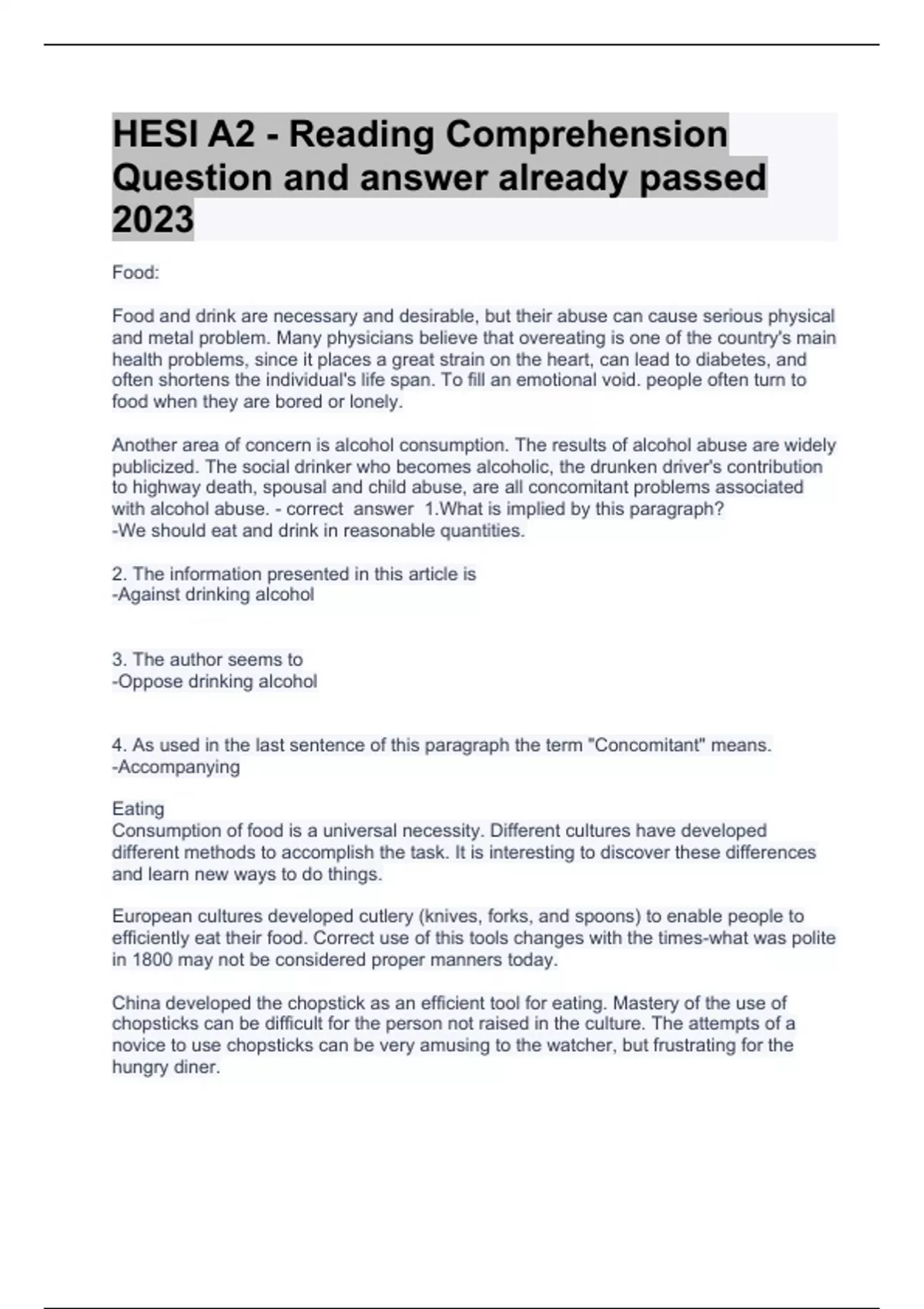 HESI A2 - Reading Comprehension Question and answer already passed 2023 ...