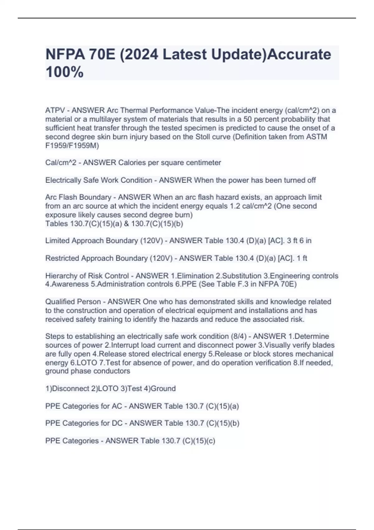 NFPA 70E (2024 Latest Update)Accurate 100% - NFPA 70E - Stuvia US