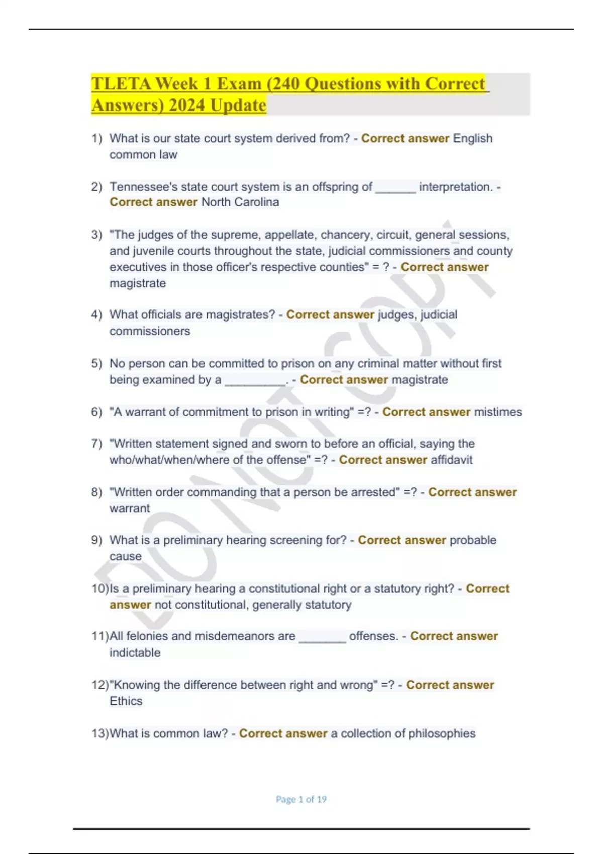 TLETA Week 1 Exam (240 Questions with Correct Answers) 2024 Update ...