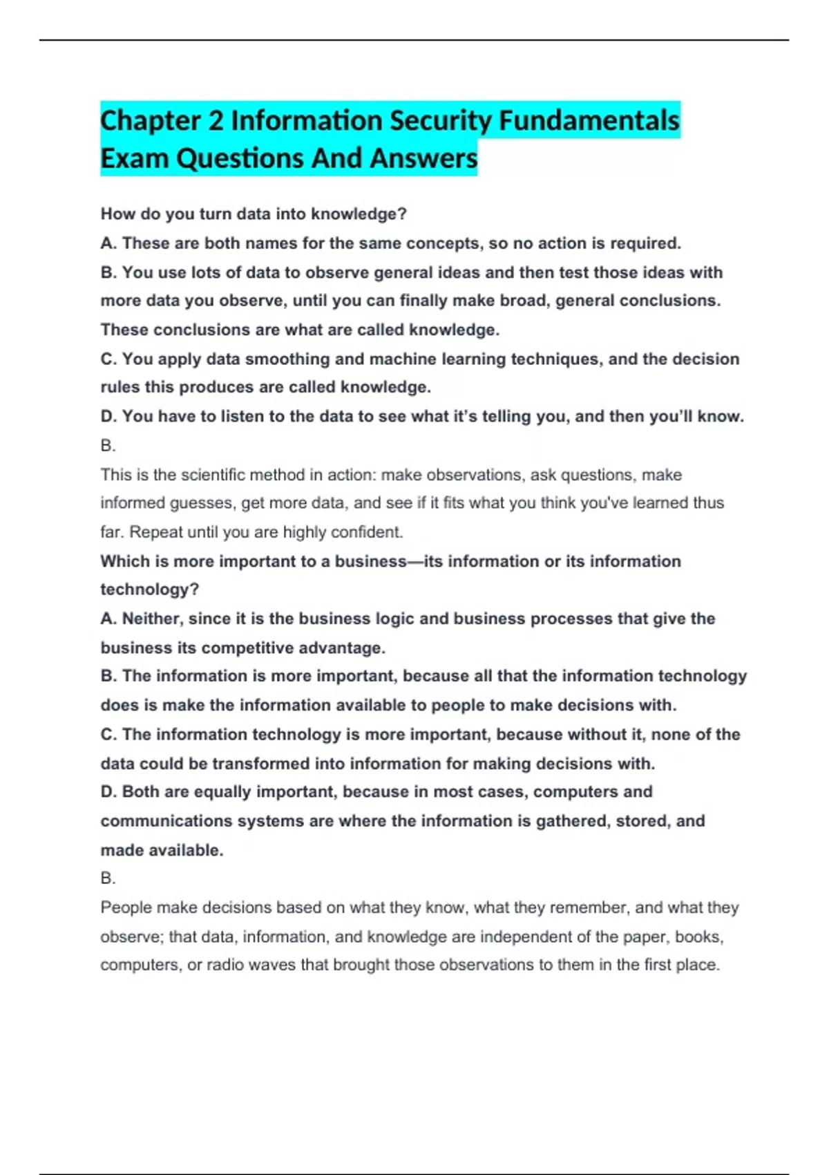 Chapter 2 Information Security Fundamentals Exam Questions And Answers Chapter 2 Information