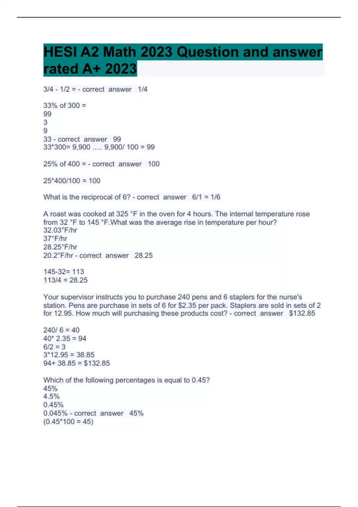 HESI A2 Math 2023 Question and answer rated A+ 2023/2024 - Hesi - Stuvia US