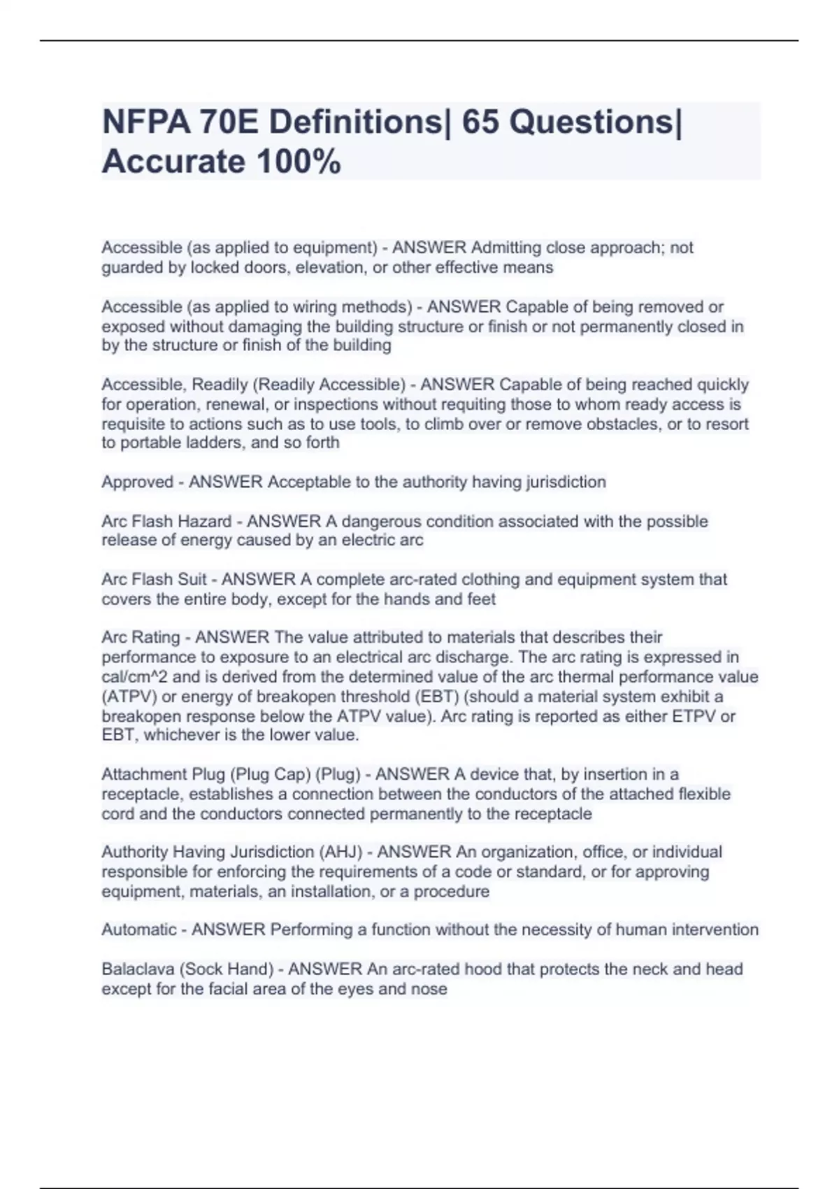 NFPA 70E Definitions| 65 Questions| Accurate 100% - NFPA 70E - Stuvia US