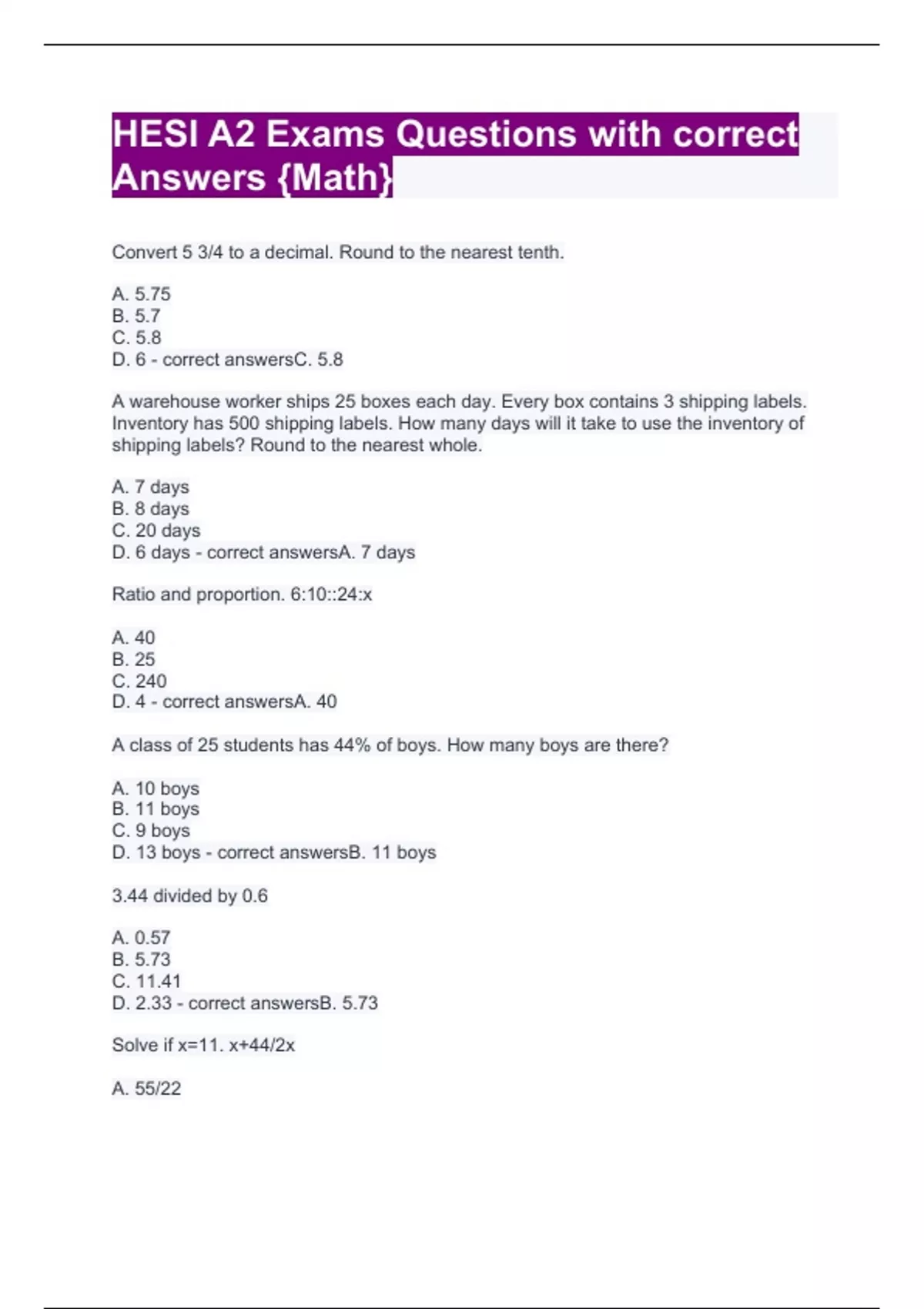 HESI A2 Exams Questions with correct Answers 2023/2024 - Hesi - Stuvia US