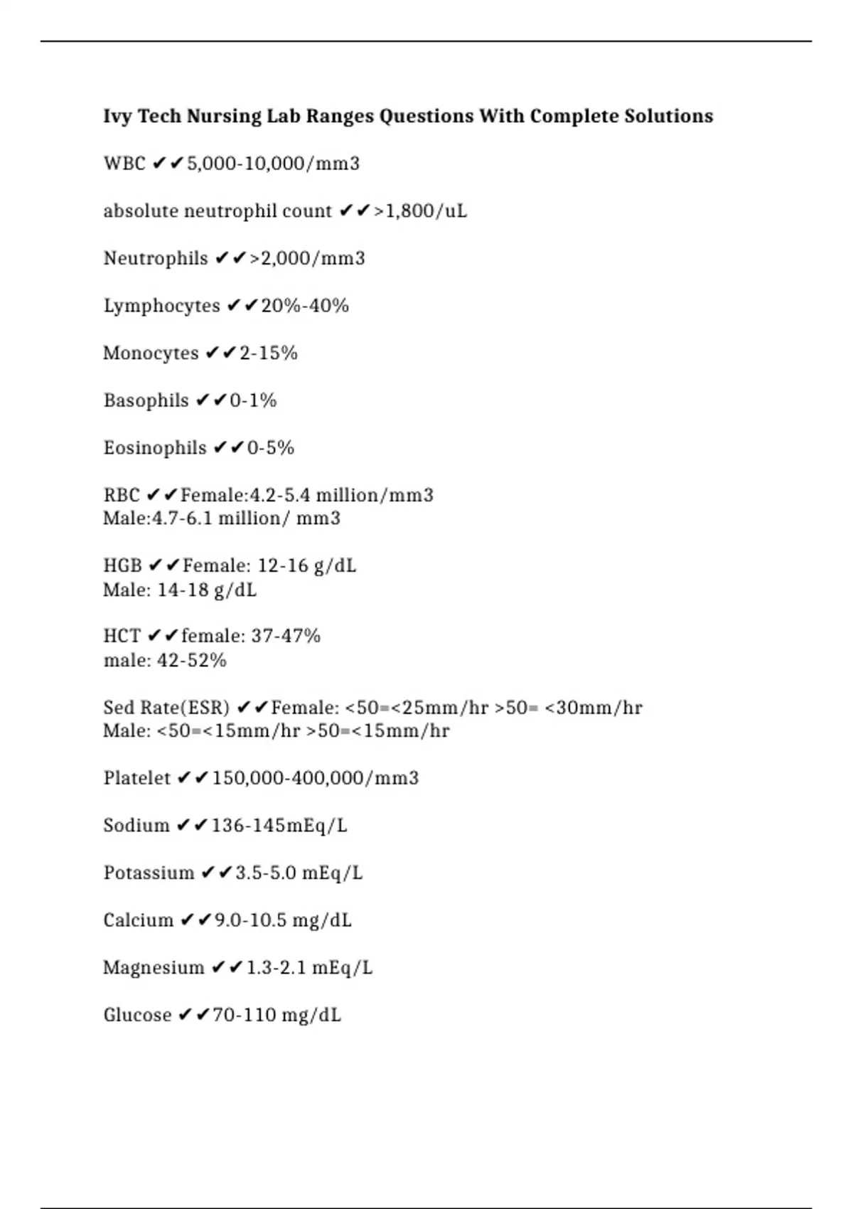 Ivy Tech Nursing Lab Ranges Questions With Complete Solutions - Ivy ...