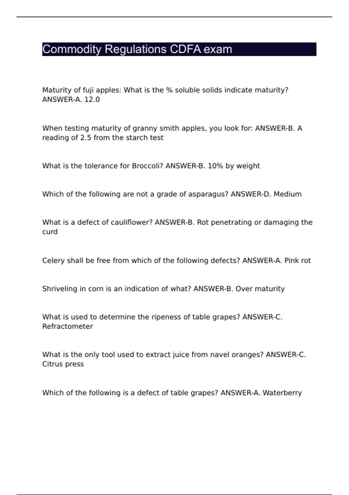 Commodity Regulations CDFA exam|Questions with 100% Correct Answers | Verified | Updated 2024 ...