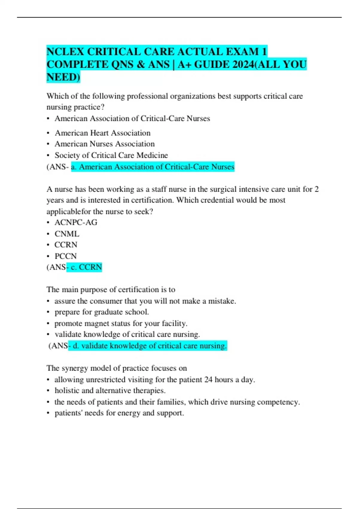 NCLEX CRITICAL CARE ACTUAL EXAM 1 COMPLETE QNS & ANS A+ GUIDE 2024(ALL YOU NEED) - NCLEX ...
