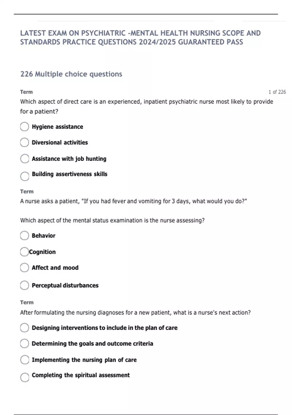 LATEST EXAM ON PSYCHIATRIC -MENTAL HEALTH NURSING SCOPE AND STANDARDS ...