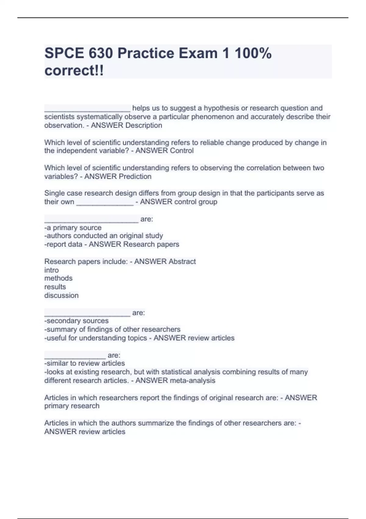 SPCE 630 Practice Exam 1 100% correct!! - SPCE 630 - Stuvia US