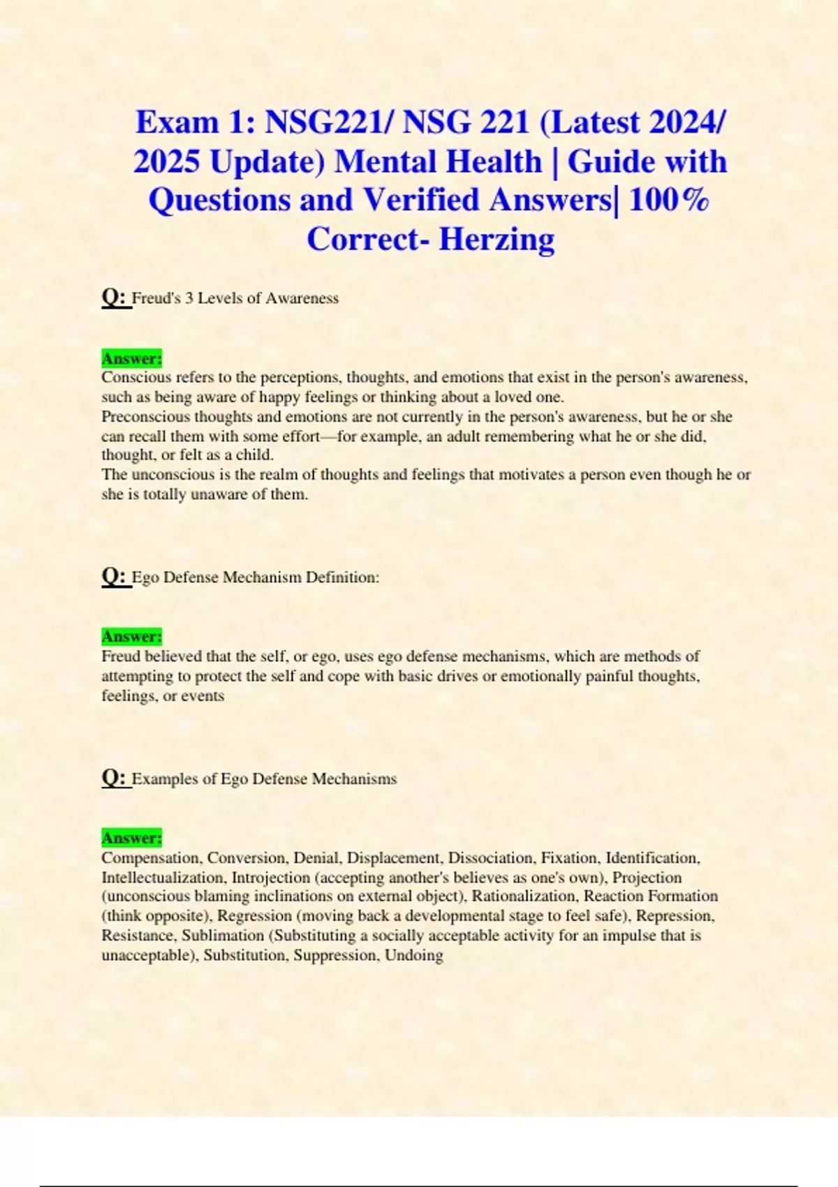 Exam 1: NSG221/ NSG 221 (Latest 2024/ 2025 Update) Mental Health ...