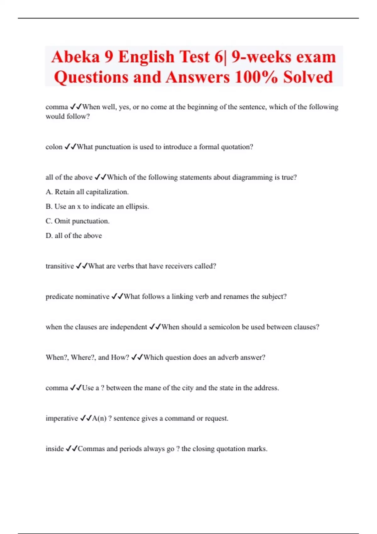 Abeka 9 English Test 6| 9-weeks exam Questions and Answers 100% Solved ...