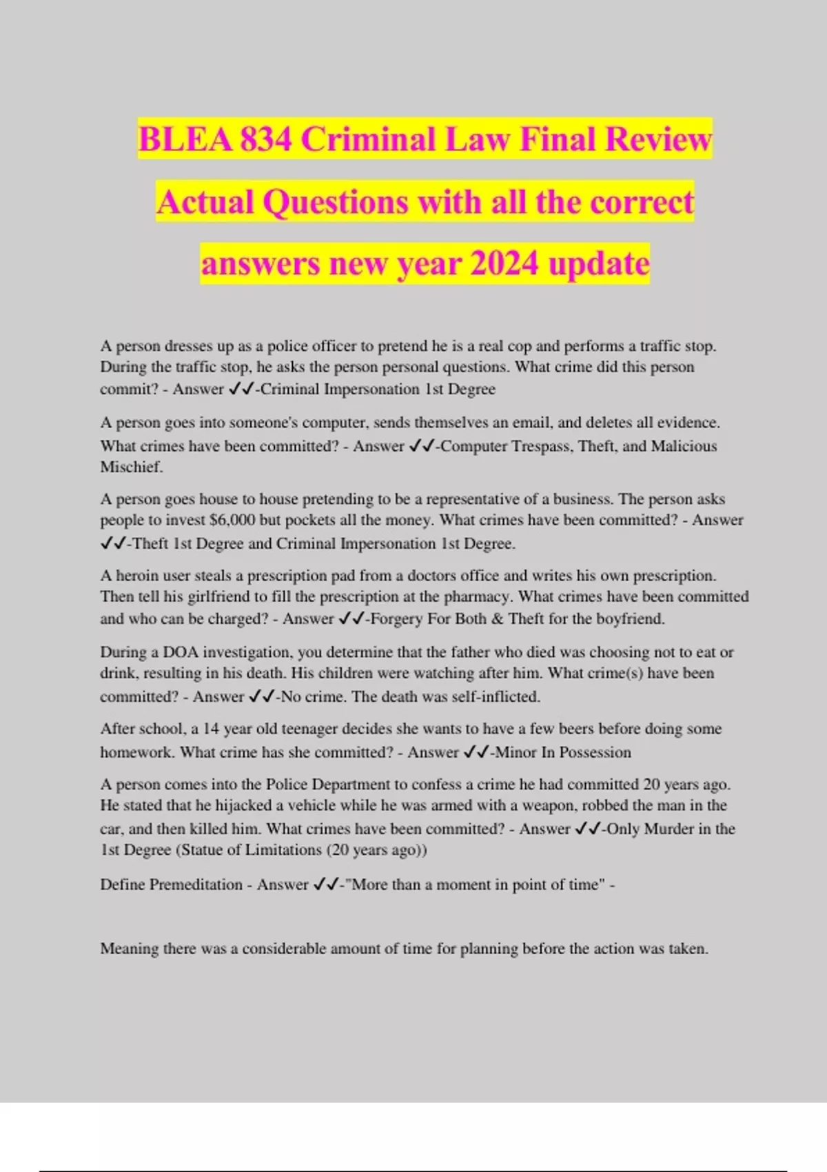 BLEA 834 Criminal Law Final Review Actual Questions with all the correct answers new year 2024 ...