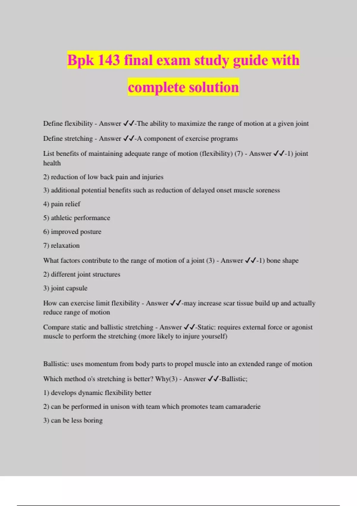 Bpk 143 final exam study guide with complete solution - BPK - Stuvia US