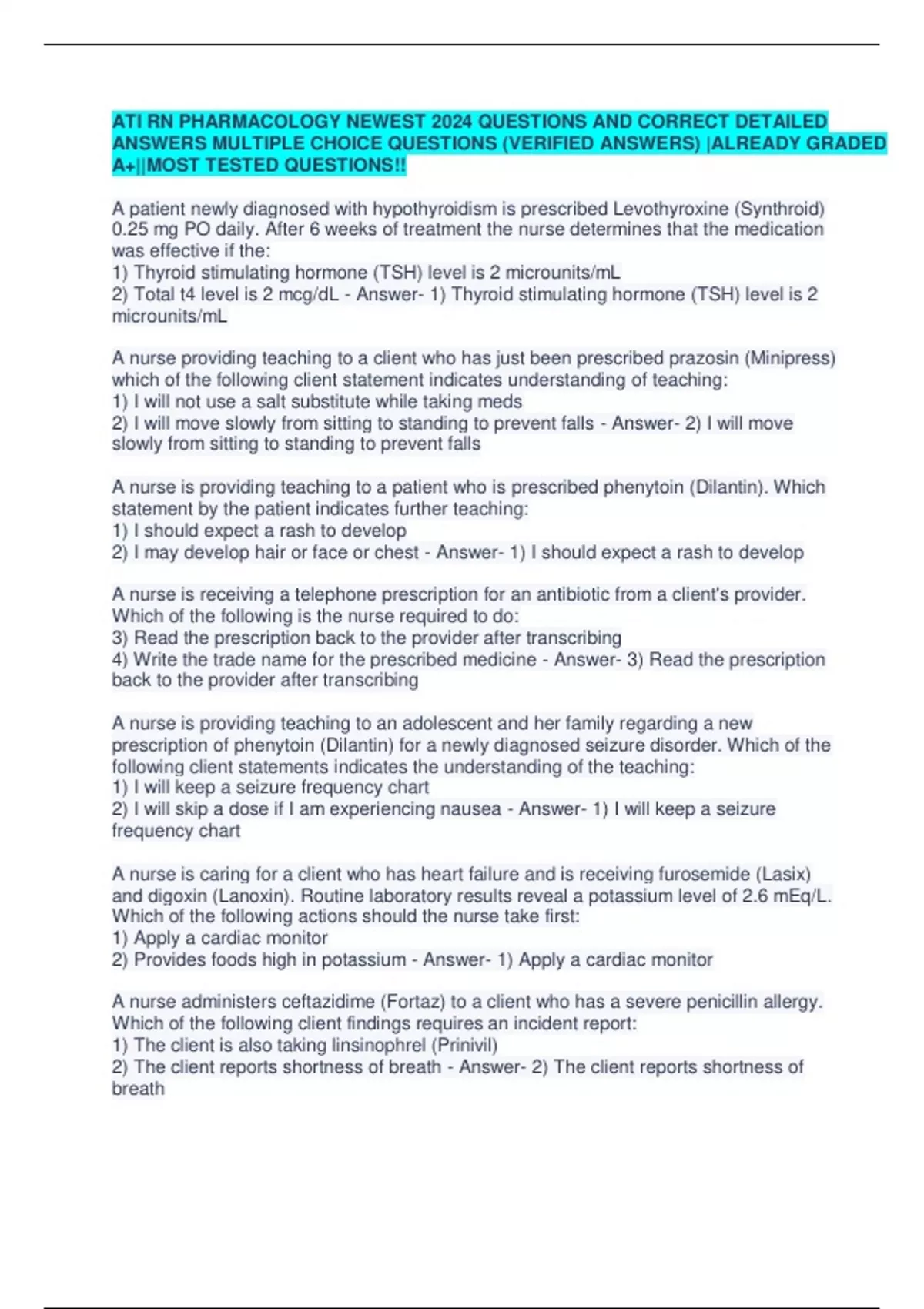 ATI RN PHARMACOLOGY NEWEST 2024 QUESTIONS AND CORRECT DETAILED ANSWERS ...