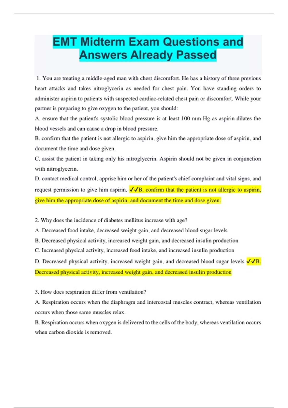 Emt Midterm Exam Questions And Answers Already Passed Emt Stuvia Us