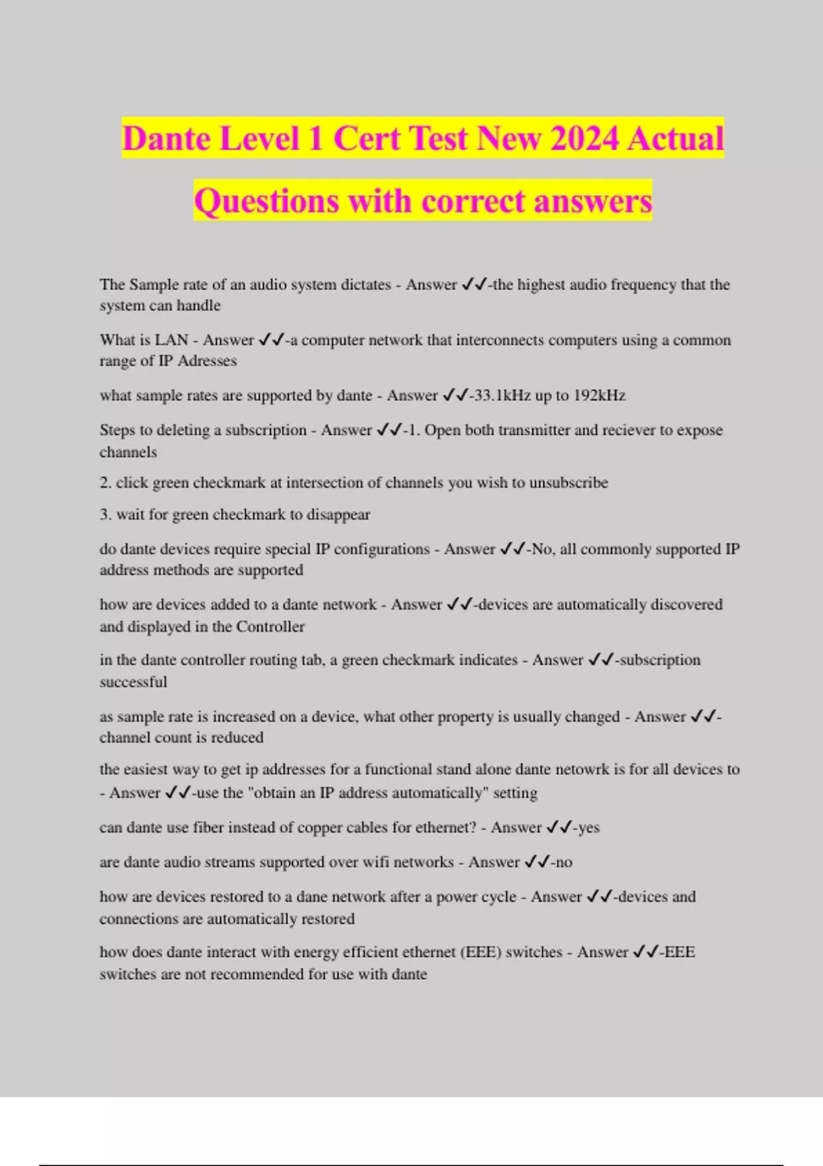 Dante Level 1 Cert Test New 2024 Actual Questions with correct answers ...
