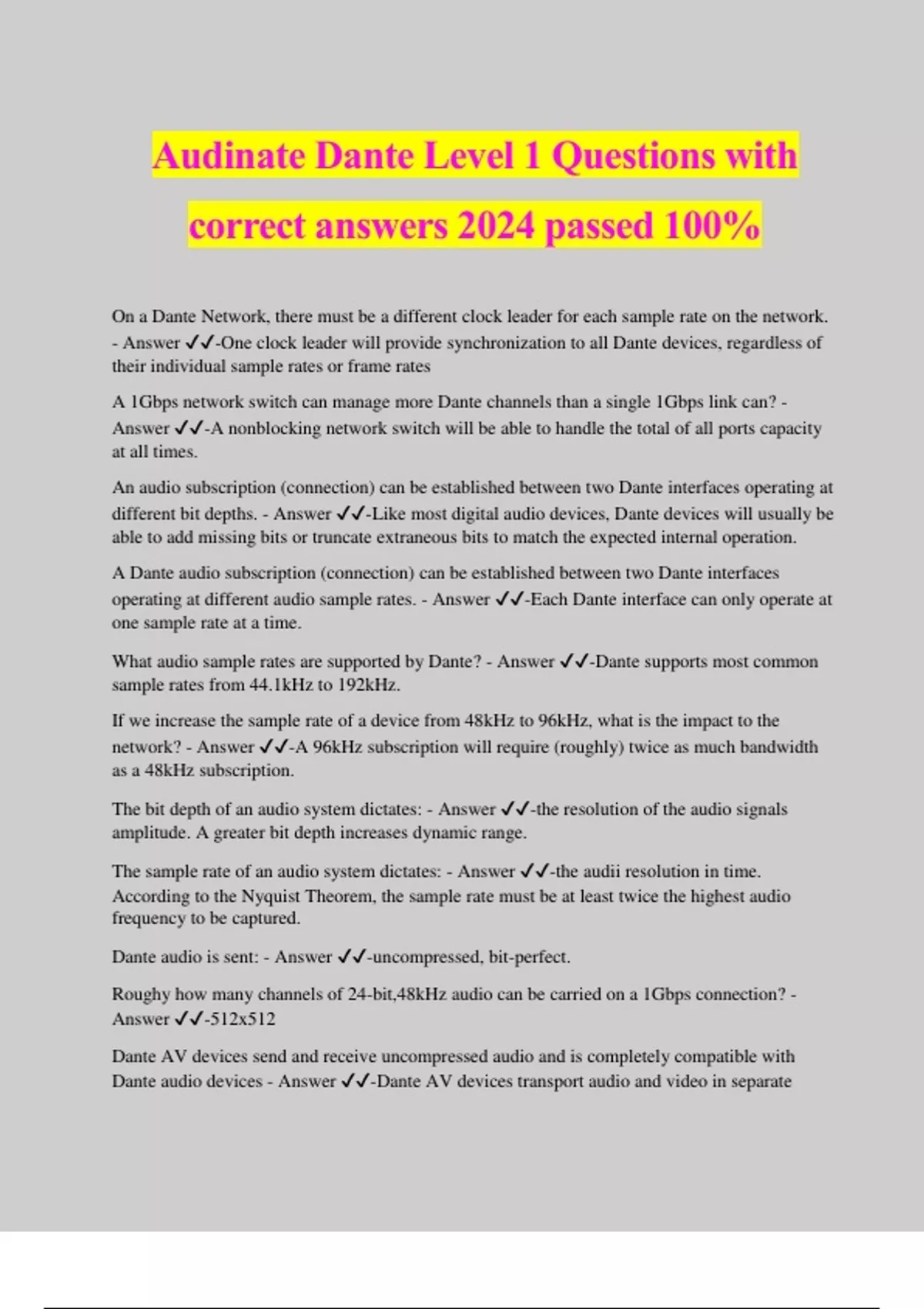 Audinate Dante Level 1 Questions with correct answers 2024 passed 100% - Dante - Stuvia US