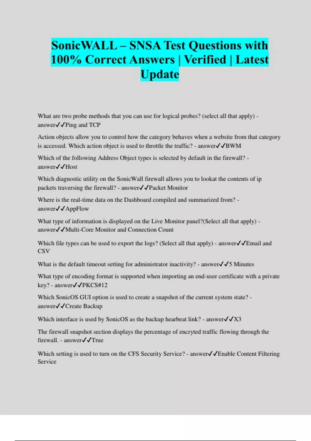 SonicWALL – SNSA Test Questions with 100% Correct Answers | Verified ...