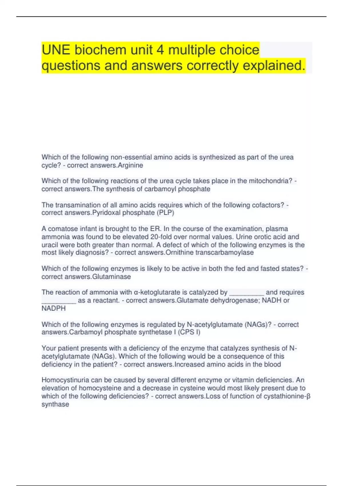 UNE biochem unit 4 multiple choice questions and answers correctly ...