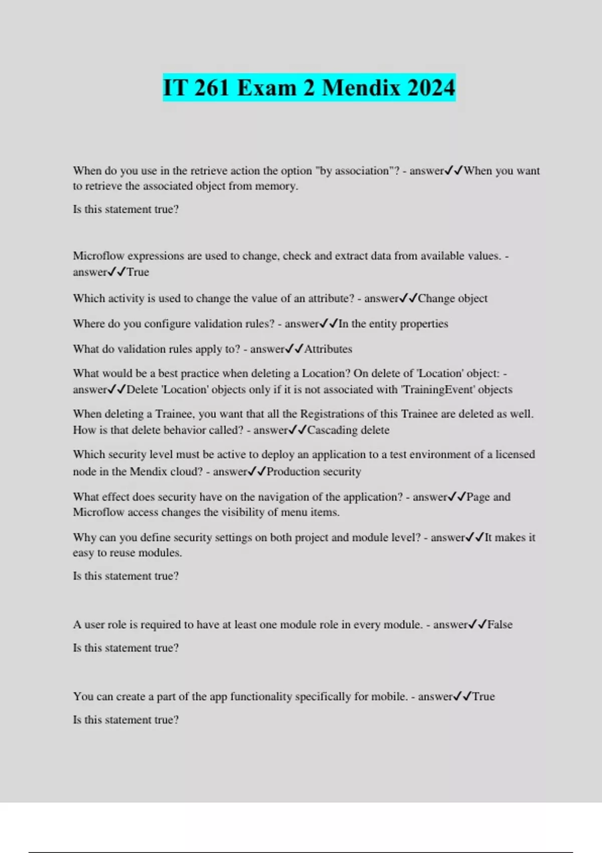 IT 261 Exam 2 Mendix 2024 - MENDIX - Stuvia NL