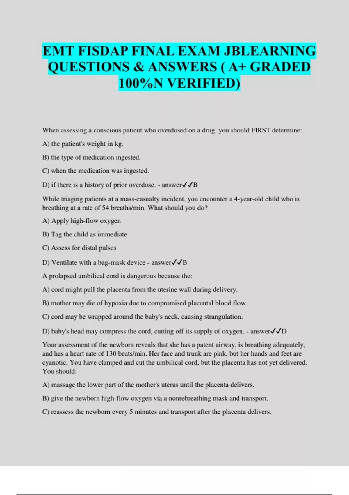 EMT FISDAP FINAL EXAM JBLEARNING QUESTIONS & ANSWERS ( A+ GRADED 100%N ...