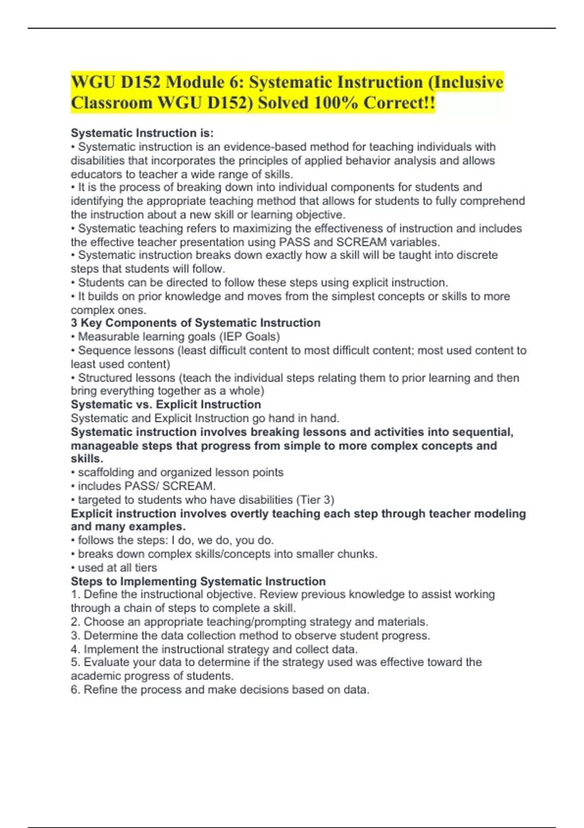 WGU D152 Module 6: Systematic Instruction (Inclusive Classroom WGU D152 ...