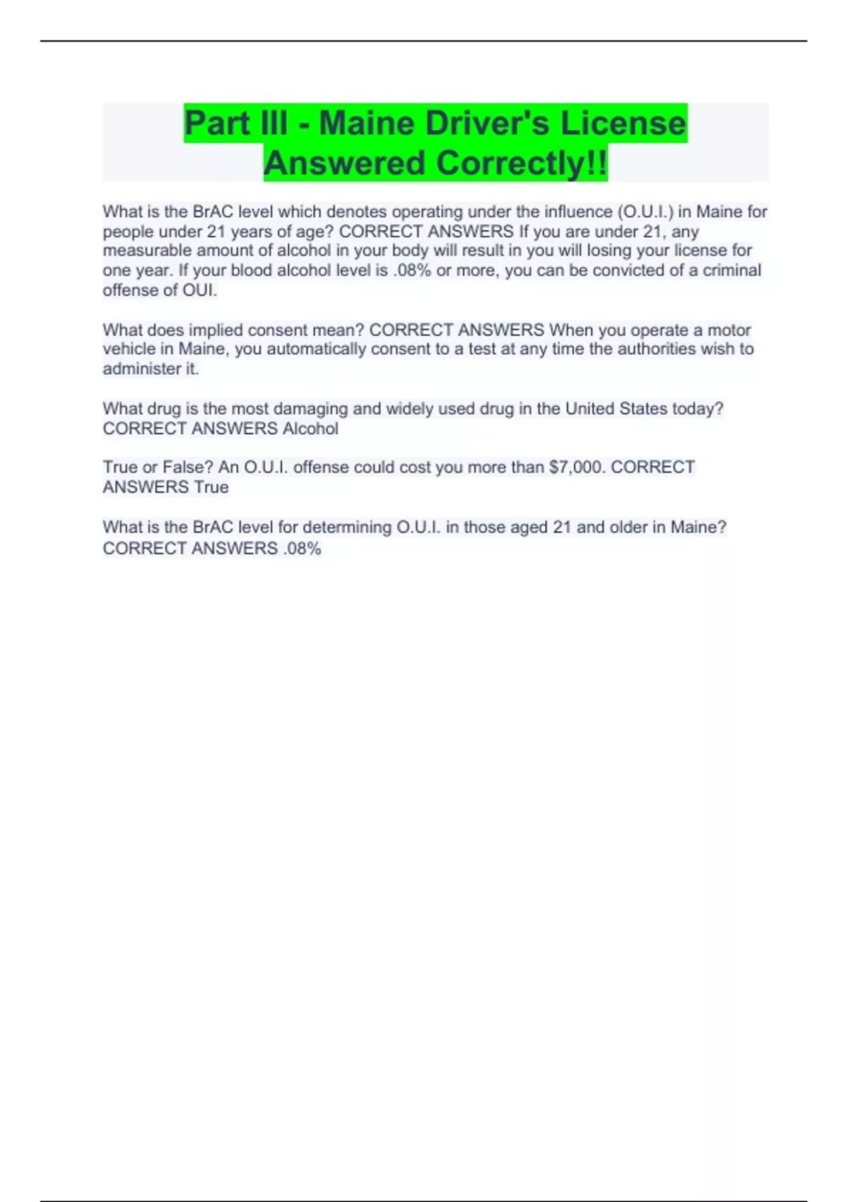 Part III - Maine Driver's License Answered Correctly!! - Maine permit ...