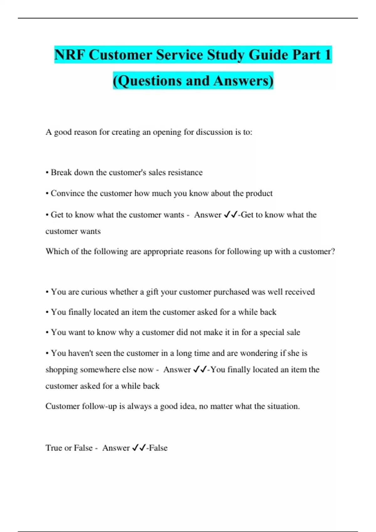 NRF Customer Service Study Guide Part 1 (Questions and Answers) - NRF ...
