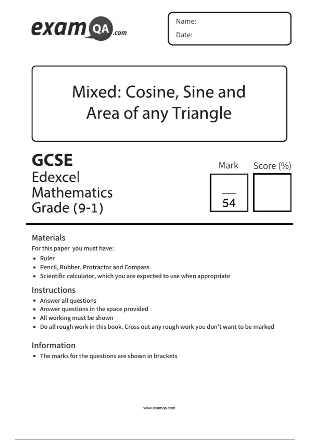 Sine Cosine Area of Triangle - Maths - Stuvia UK