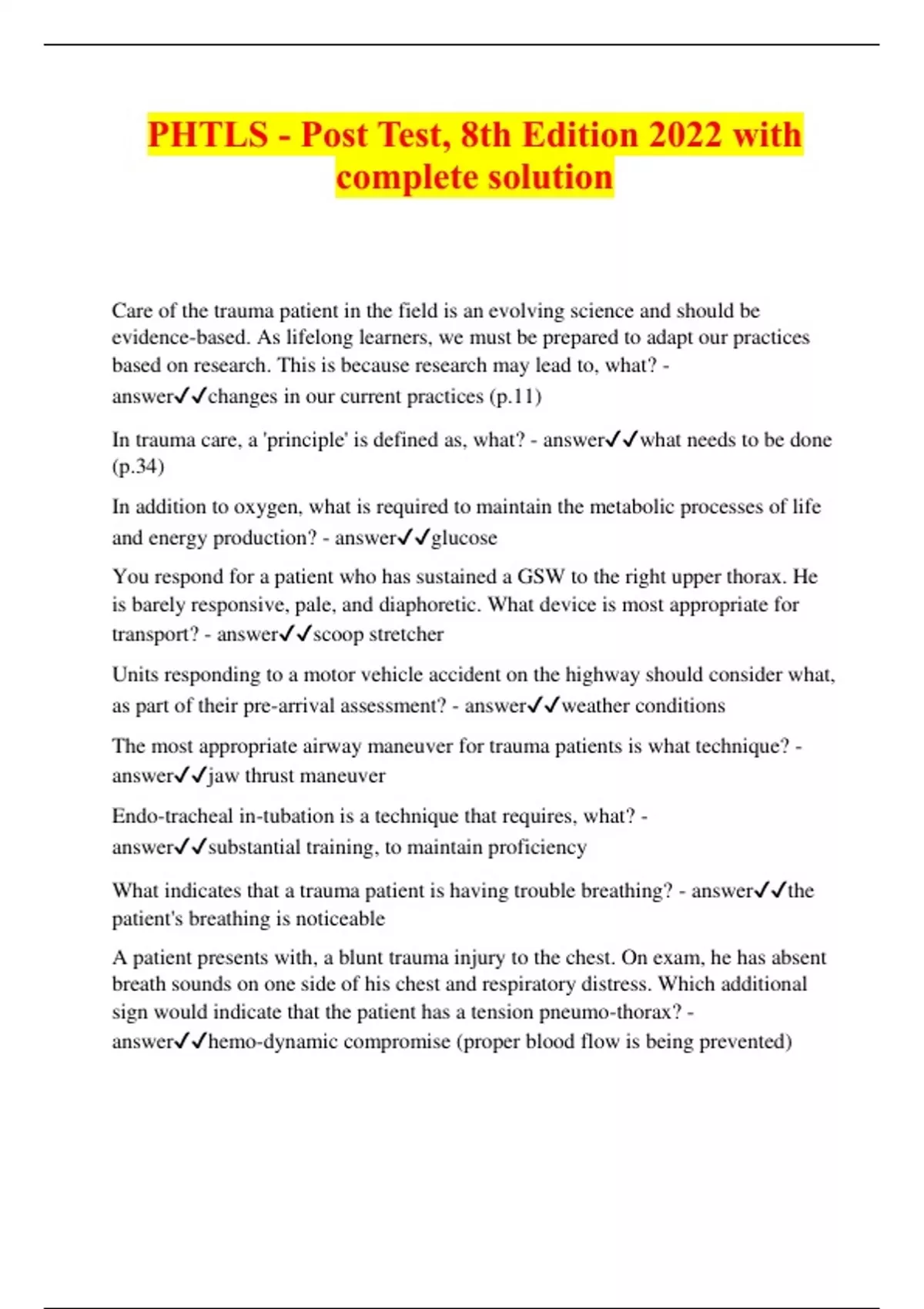 PHTLS - Post Test, 8th Edition 2022 with complete solution - PHTLS ...