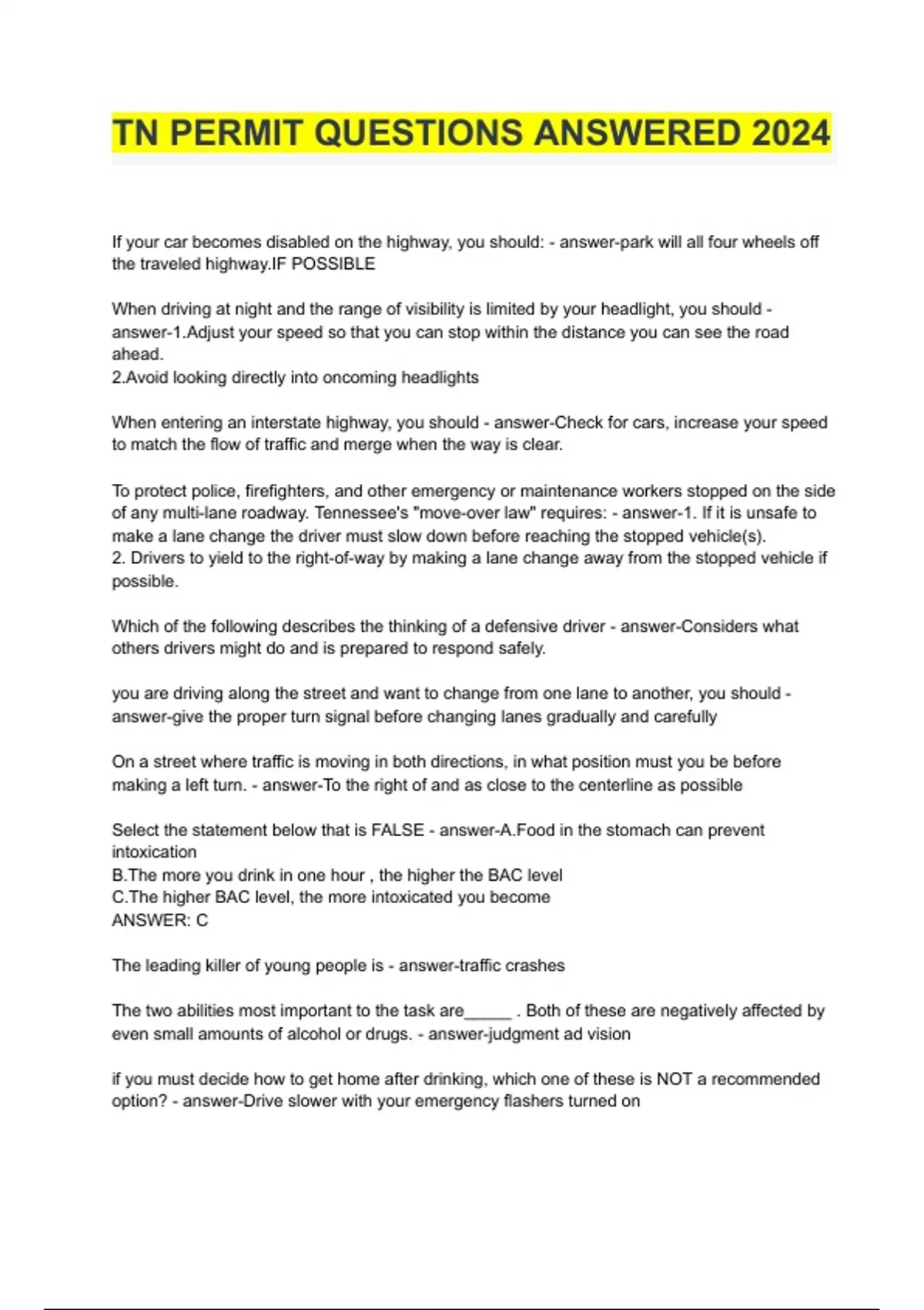 TN PERMIT QUESTIONS ANSWERED 2024 - TN PERMIT QUETIONS ANWERED 2024 ...