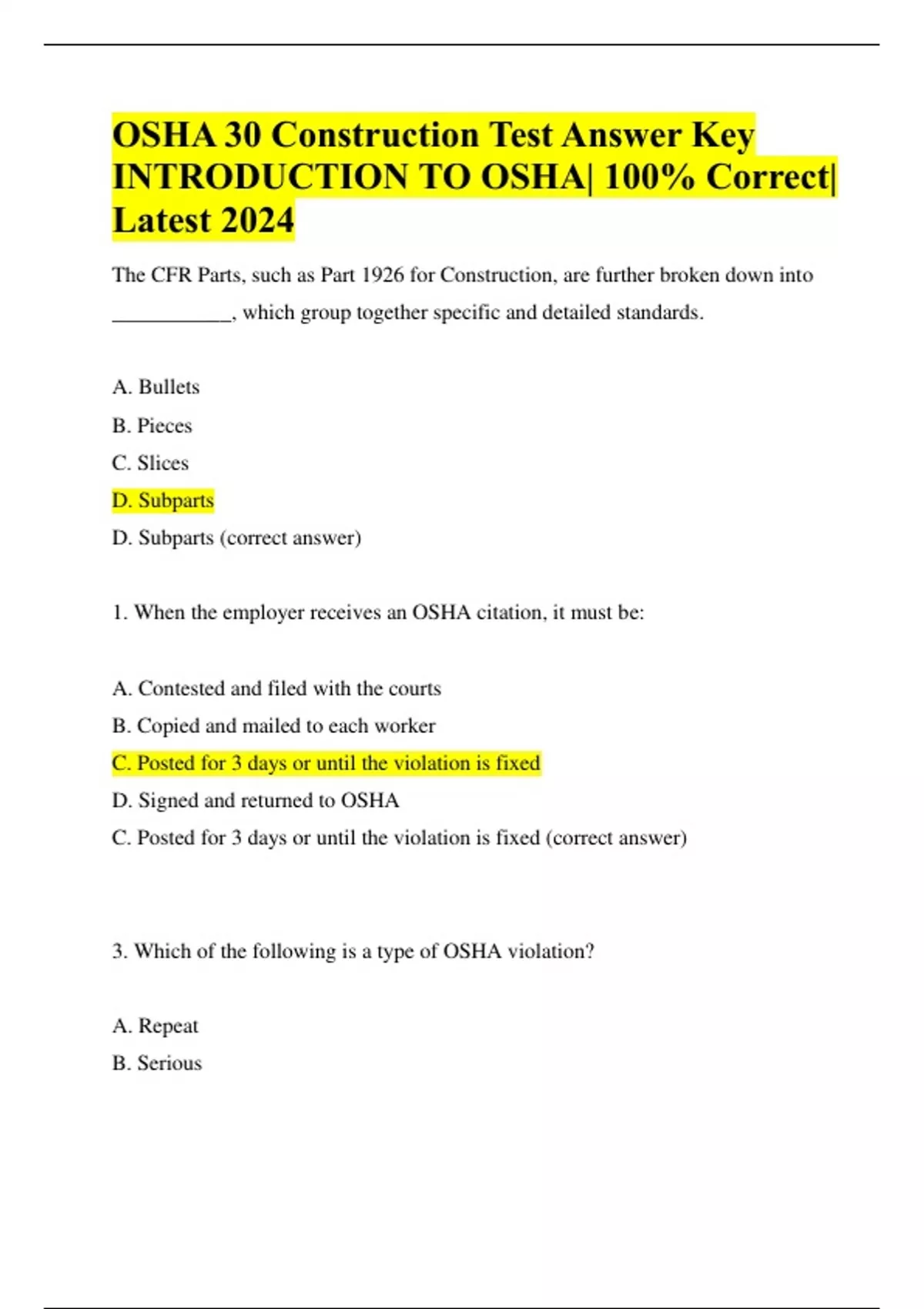 OSHA 30 Construction Test Answer Key INTRODUCTION TO OSHA| 100% Correct ...