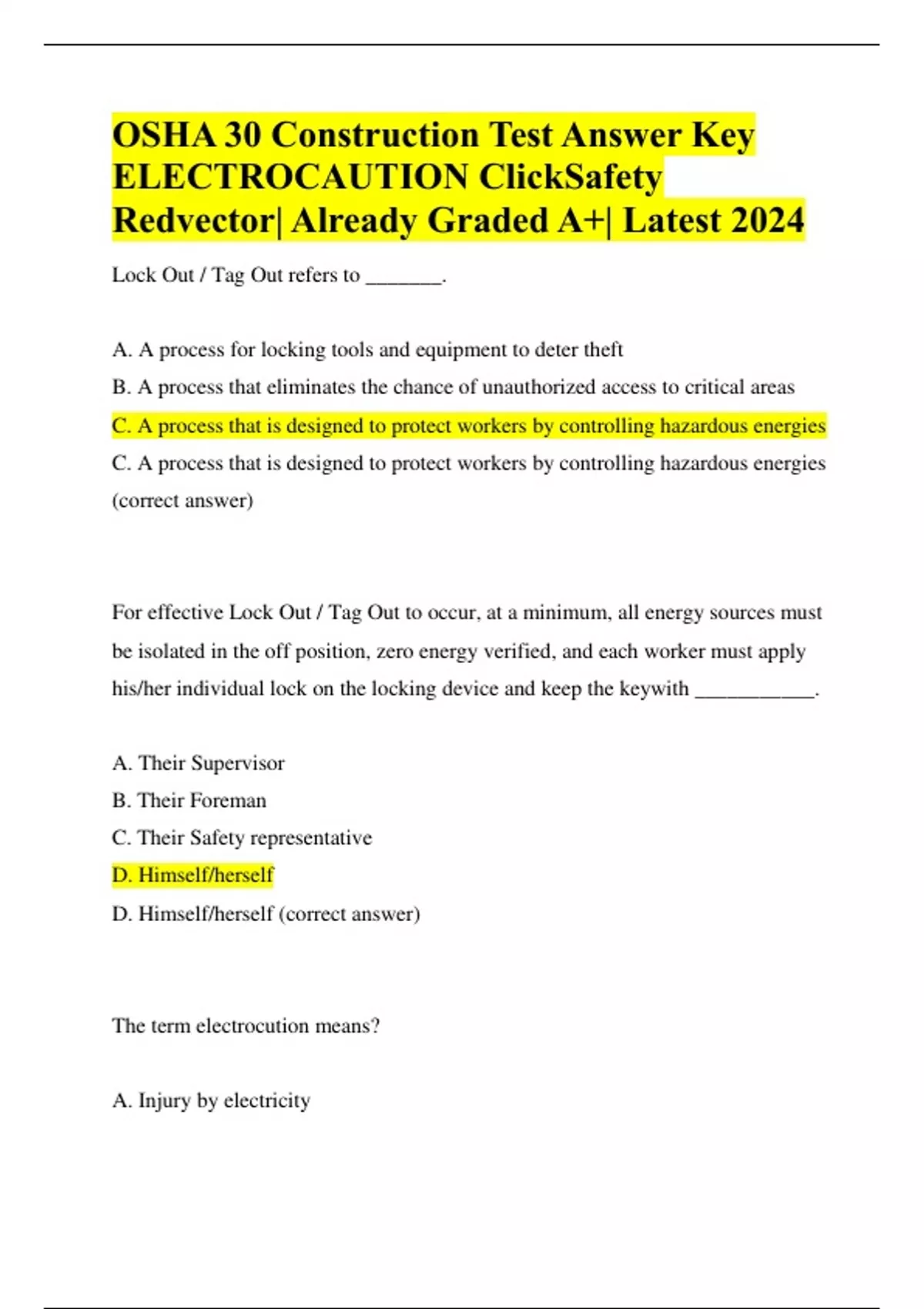 OSHA 30 Construction Test Answer Key ELECTROCAUTION ClickSafety ...