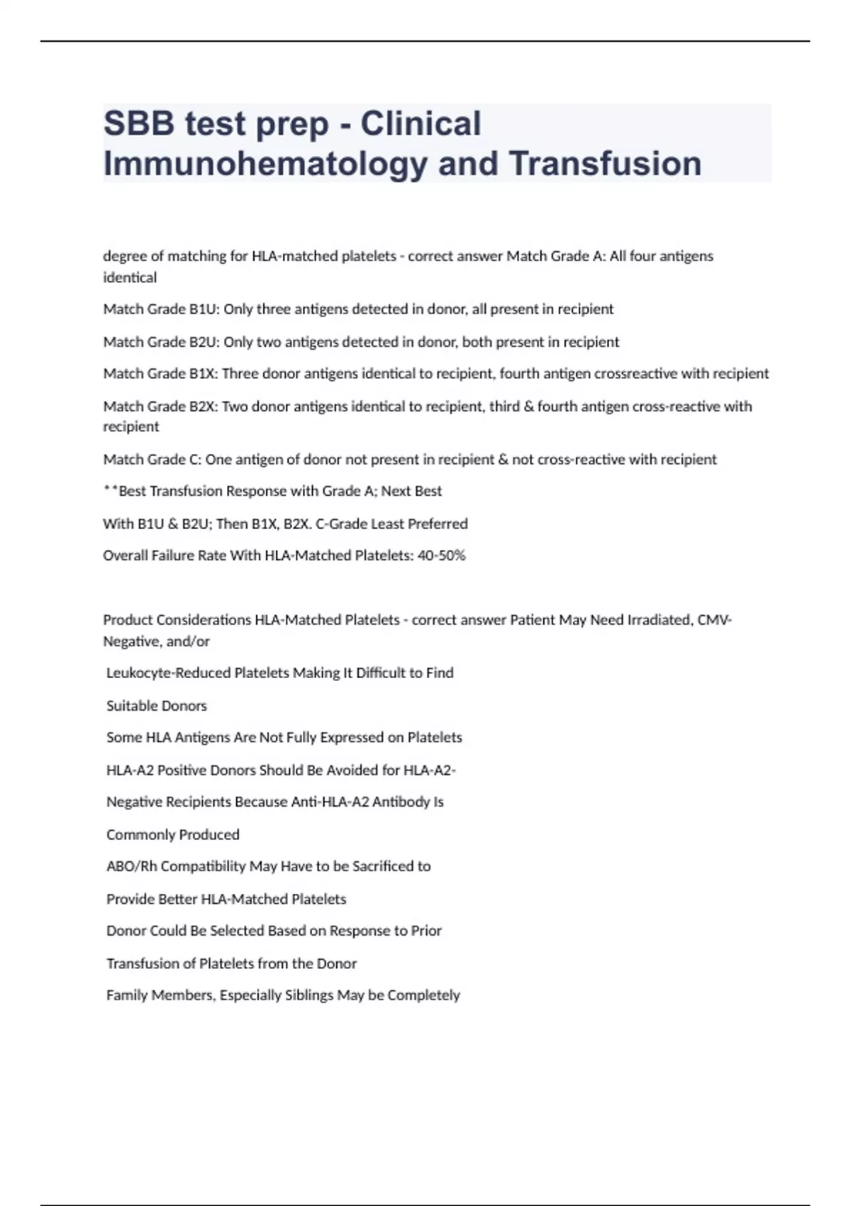 SBB test prep - Clinical Immunohematology and Transfusion Question and ...