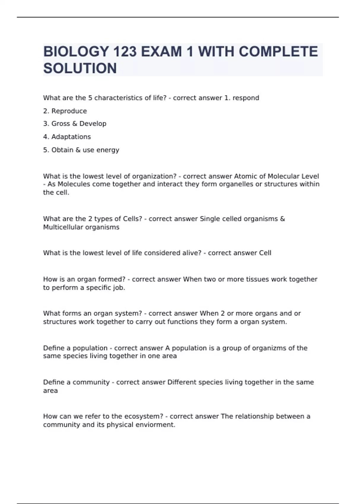BIOLOGY 123 EXAM 1 WITH COMPLETE SOLUTION - BIO 123 - Stuvia US