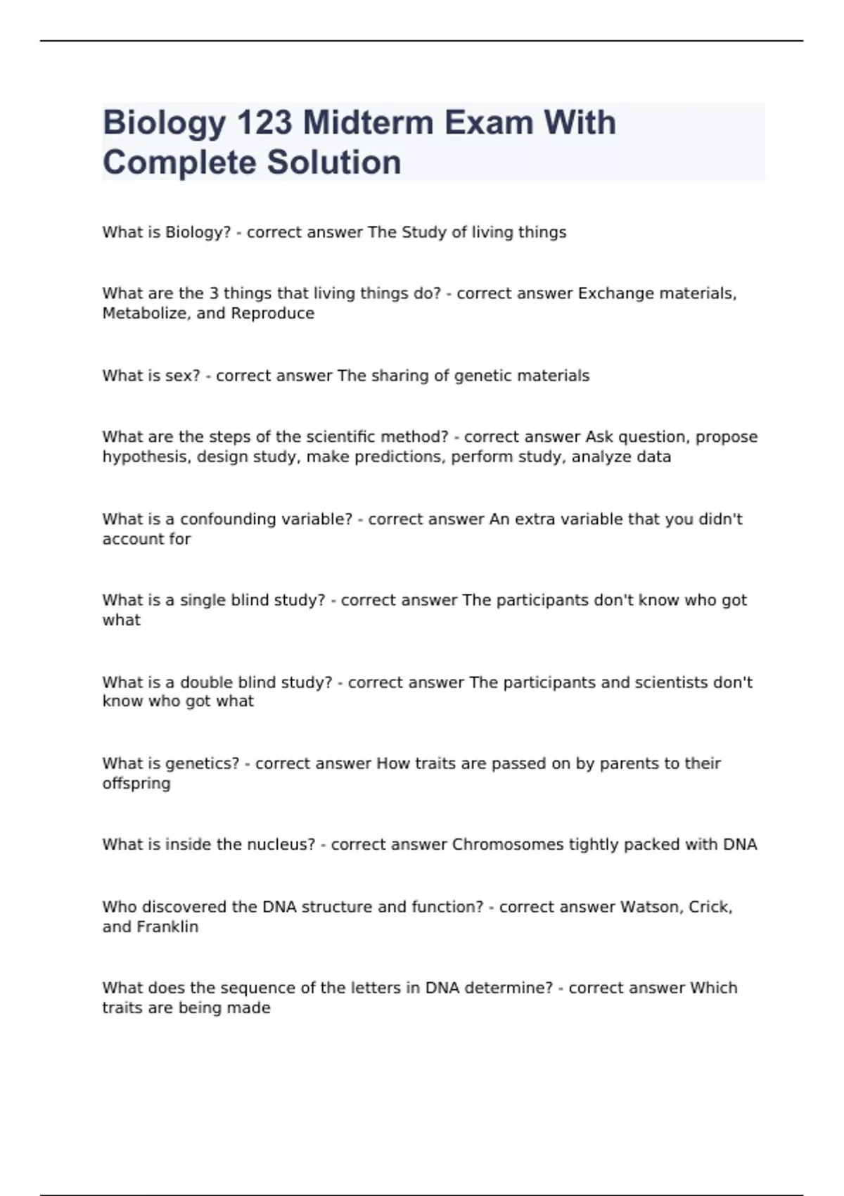 Biology 123 Midterm Exam With Complete Solution - BIO 123 - Stuvia US