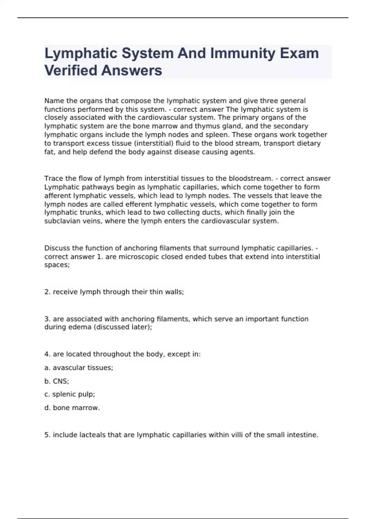 Lymphatic System And Immunity Exam Verified Answers - BIO 124 Lymph ...