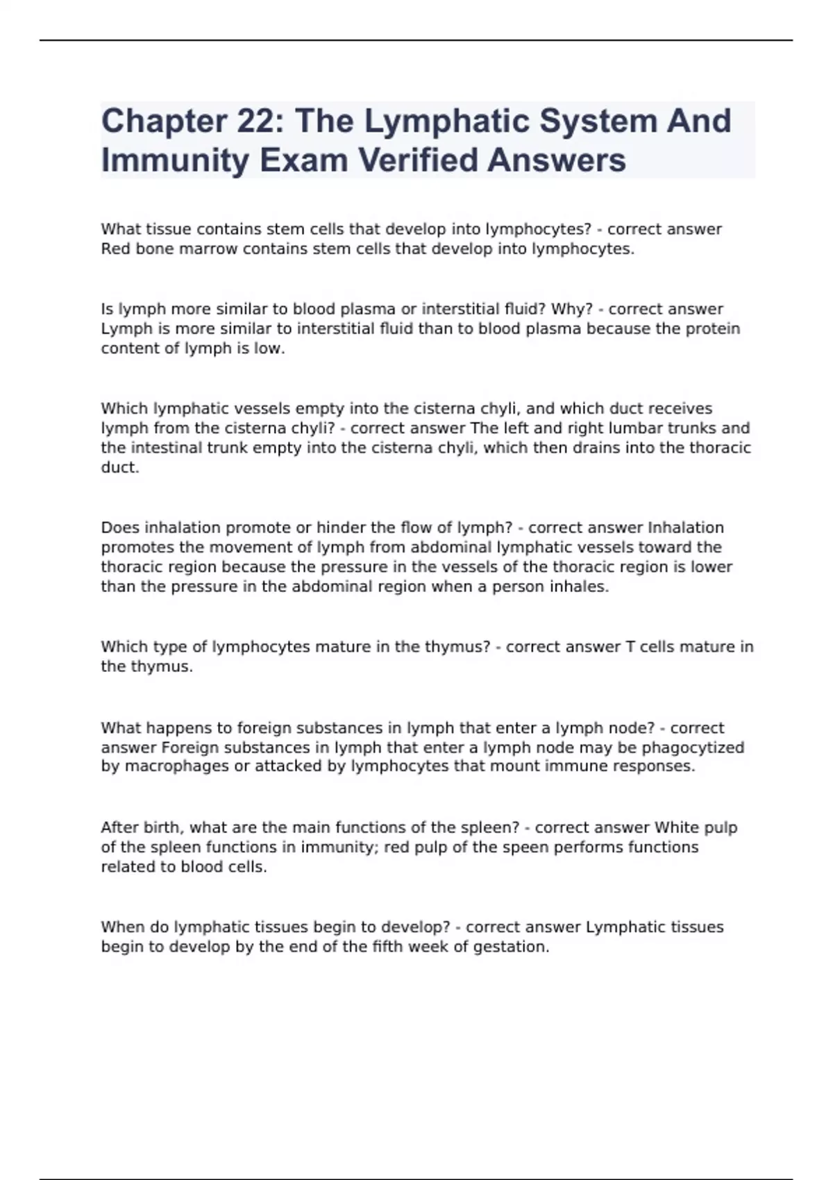 Chapter 22: The Lymphatic System And Immunity Exam Verified Answers ...