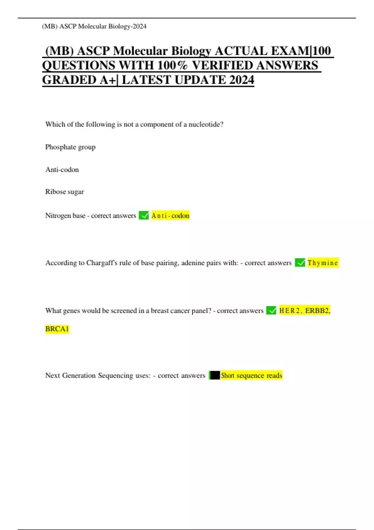 (MB) ASCP Molecular Biology ACTUAL EXAM|100 QUESTIONS WITH 100% ...