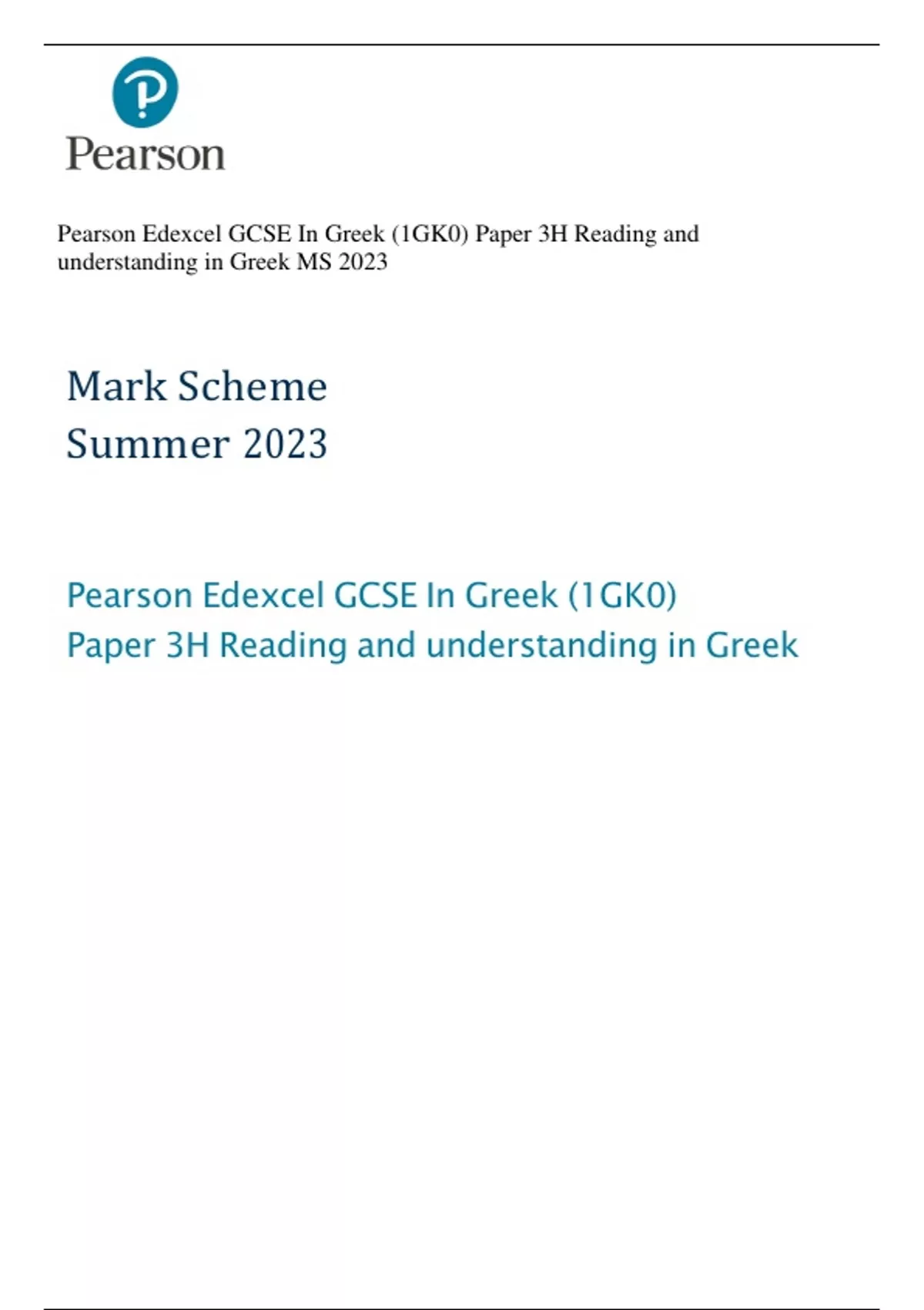Pearson Edexcel GCSE In Greek (1GK0) Paper 3H Reading and understanding ...