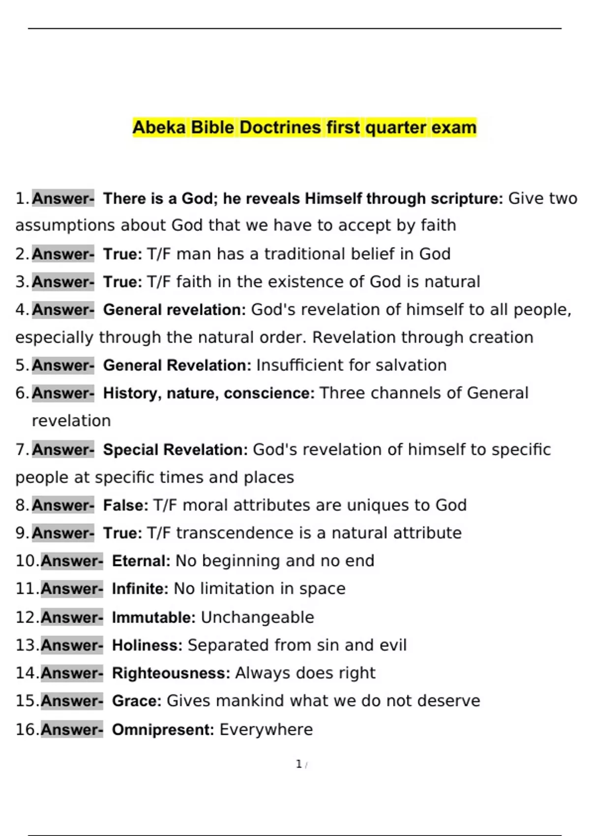 Abeka Bible Doctrines first quarter exam questions and answers 2024 ...